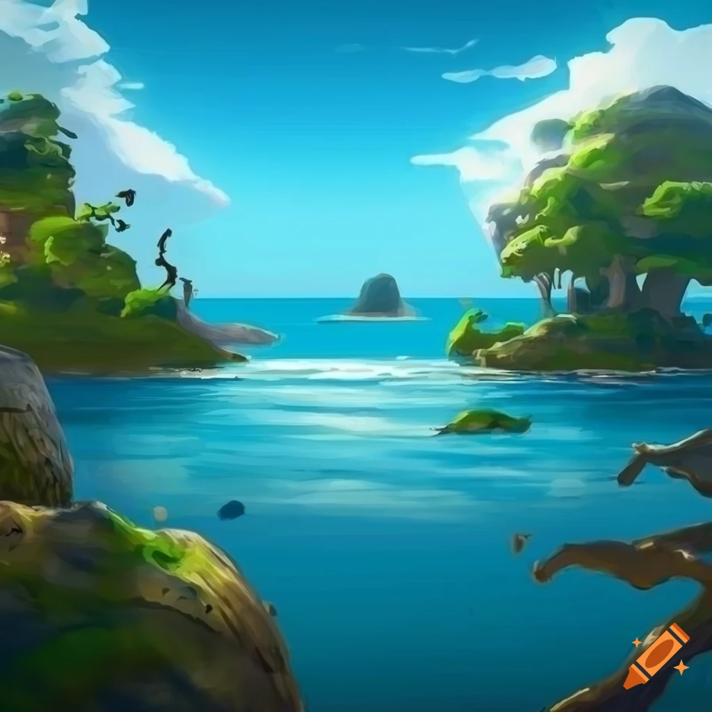 Fantasy game art depicting an ocean landscape with lush tropical ...