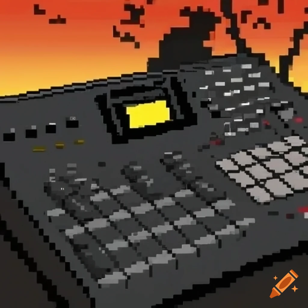 Pixel Art, black akai MPC on a desk and behind a sunset on Craiyon
