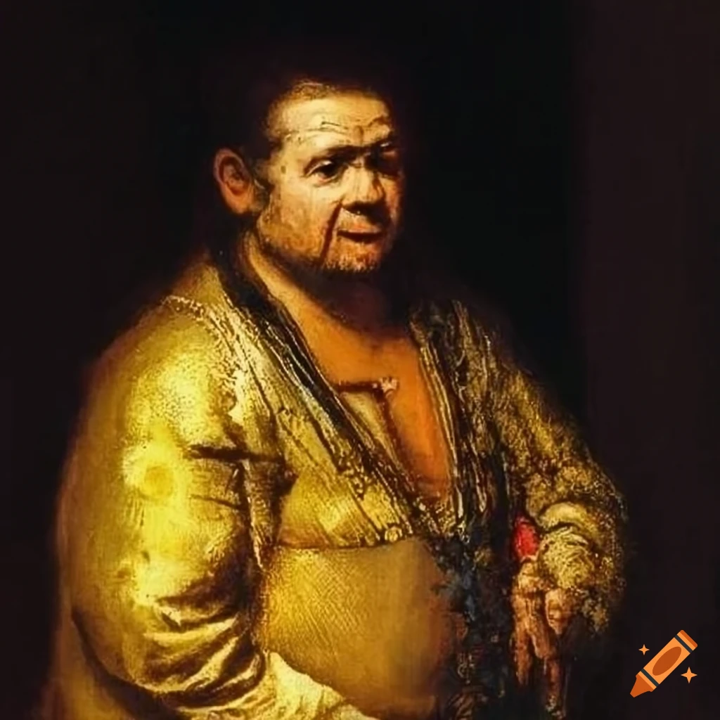 A fat man wearing a golden suit in a cage style von der Weyden ...