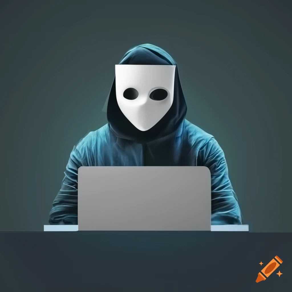 Masked man behind computer, realistic, square minimaliste logo format ...
