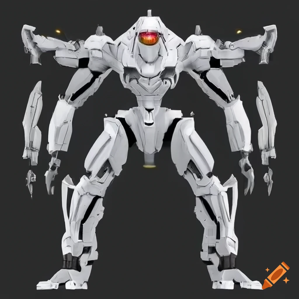 Realistic celestial white gigantic mecha front view