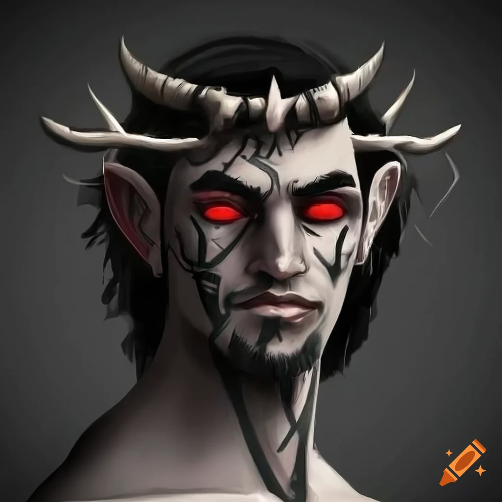 A slate gray skinned tiefling man with red cat eyes, black tribal ...