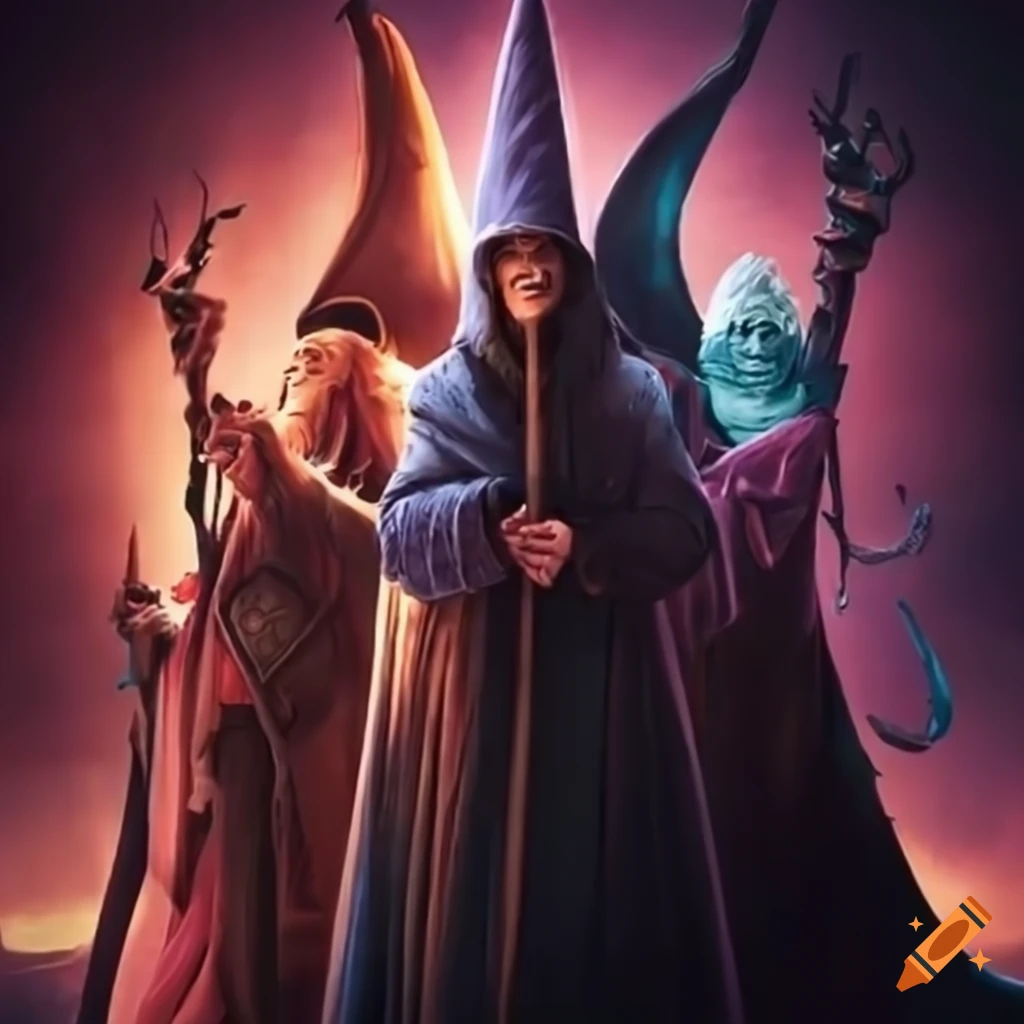 Create a photo of a group of good wizards standing together and discussing