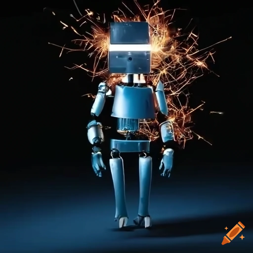 A malfunctioning robot arm sparking with electricity on Craiyon