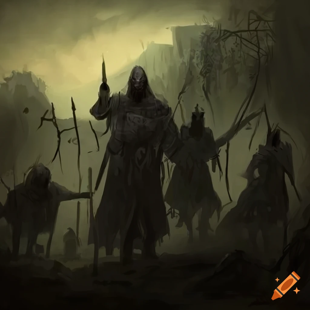 Ancient battlefield with a few translucent ghost warriors emerging from ...