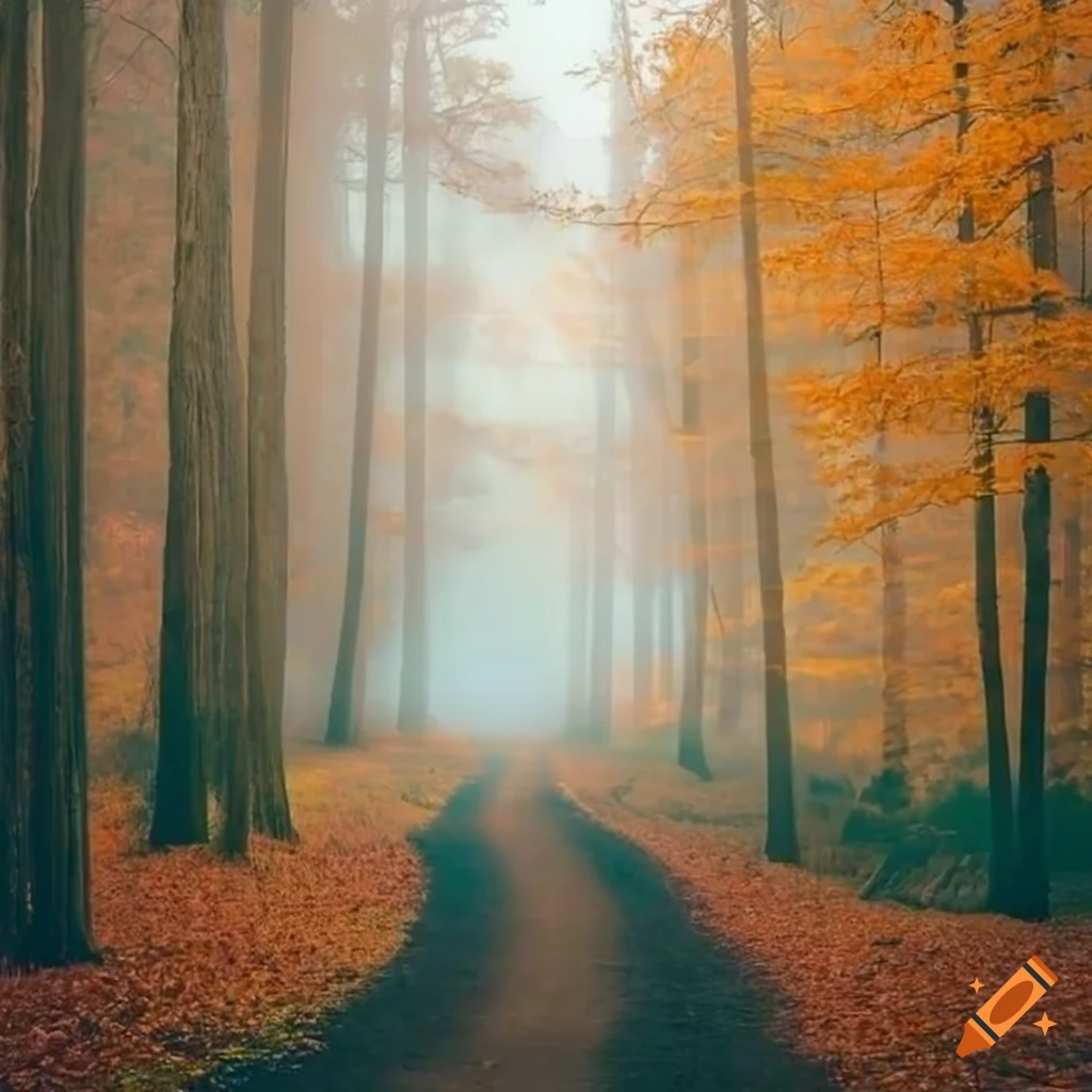 A vast forest in autumn, with a small path leading into the distance ...
