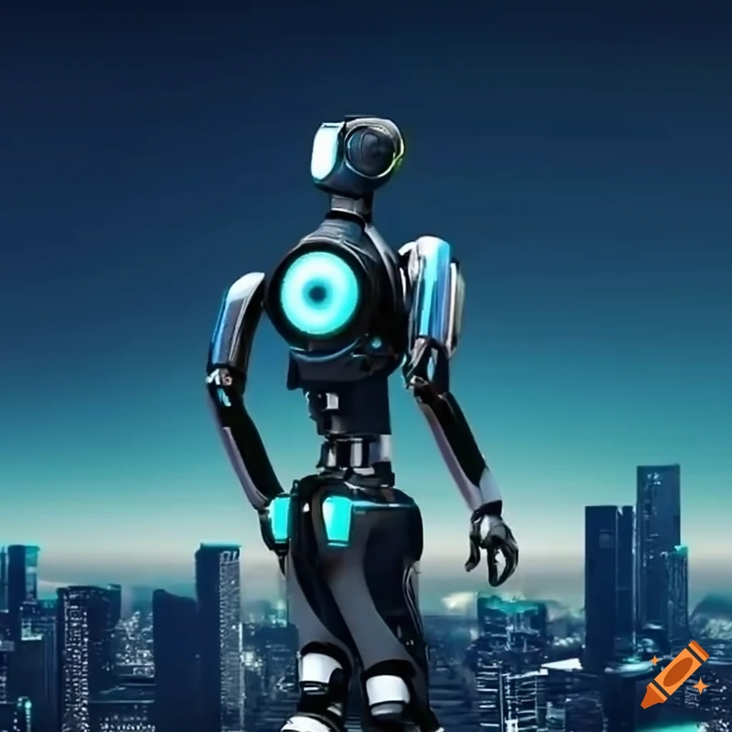 A futuristic robot with jetpack, flying through a cityscape