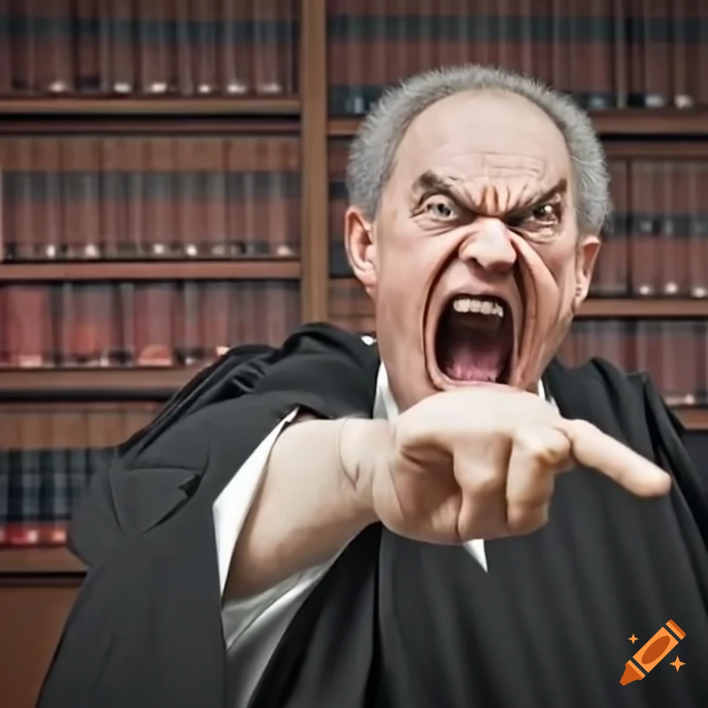 An angry judge shouting "guilty!!", aggressively pointing the finger at ...