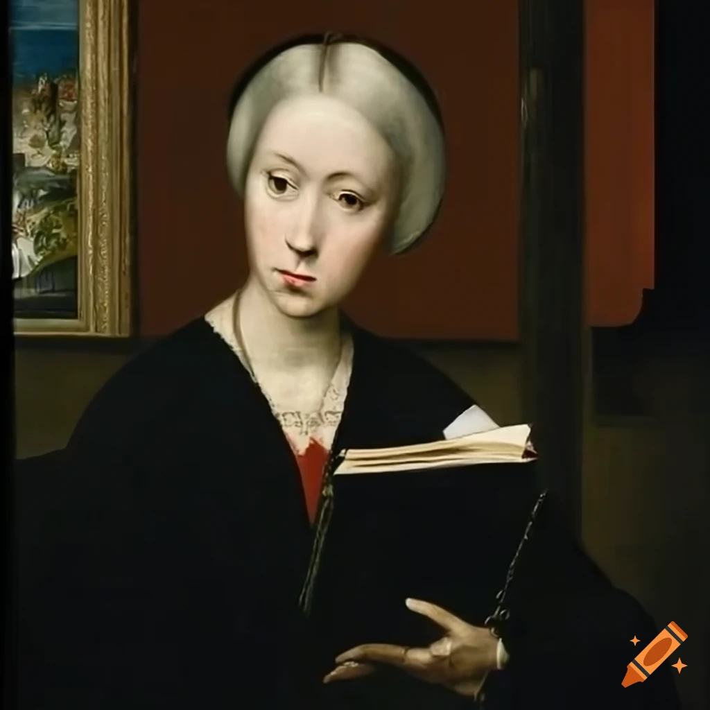 Beautiful short-haired poetess with book surrounded by flowers, ultra ...