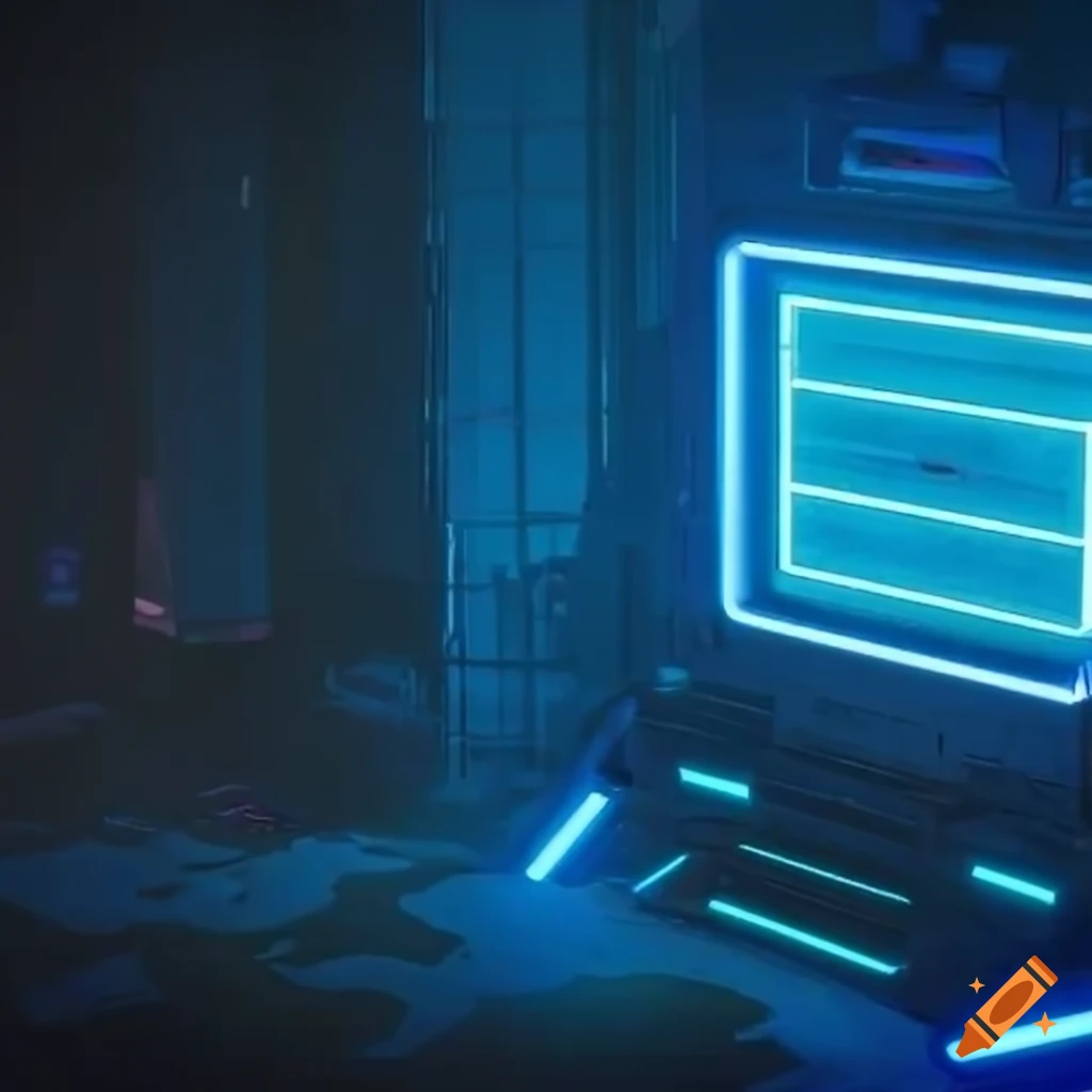 Neon-lit main menu in a futuristic video game on Craiyon