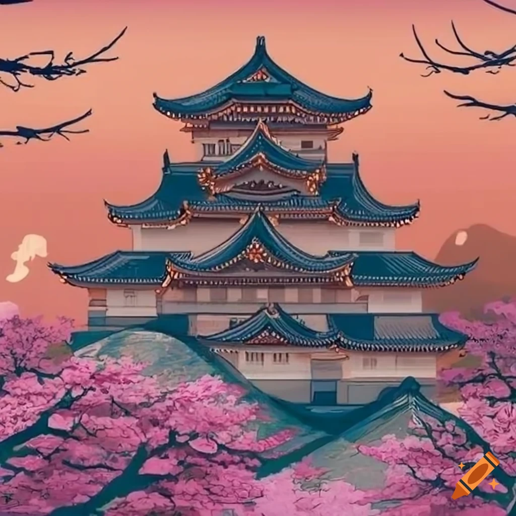 East Asian castle, with walls, in the center of a hill with a big river ...