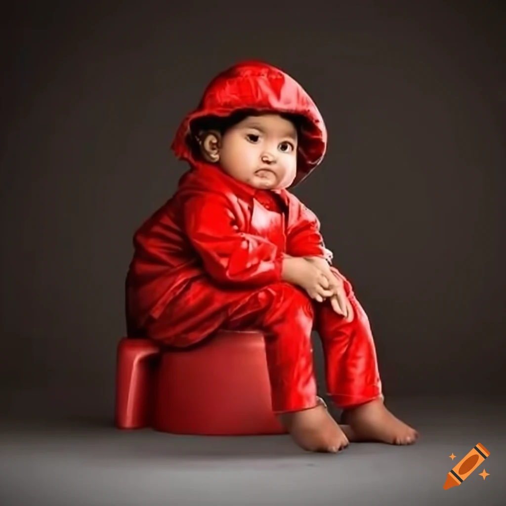 Indian toddler boy in red leather suit sitting on his small potty on ...