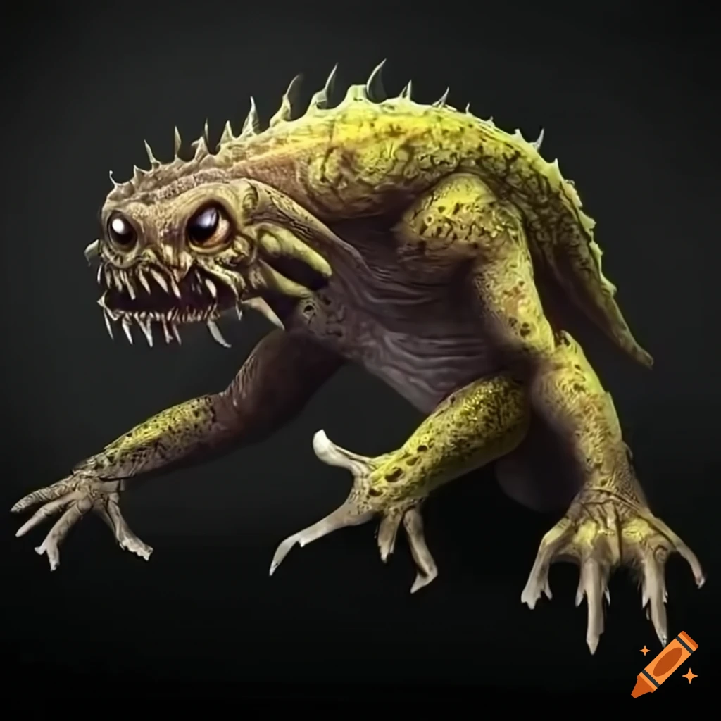 A monstruous reptilian creature with 4 arms and 2 legs, one wing and a ...