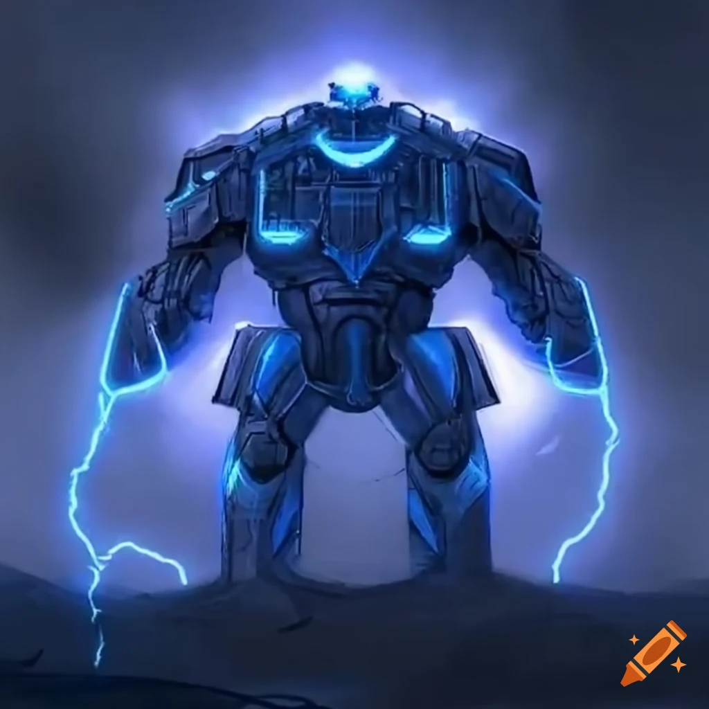 A powerful armored giant with electrical tesla coils emitting blue ...