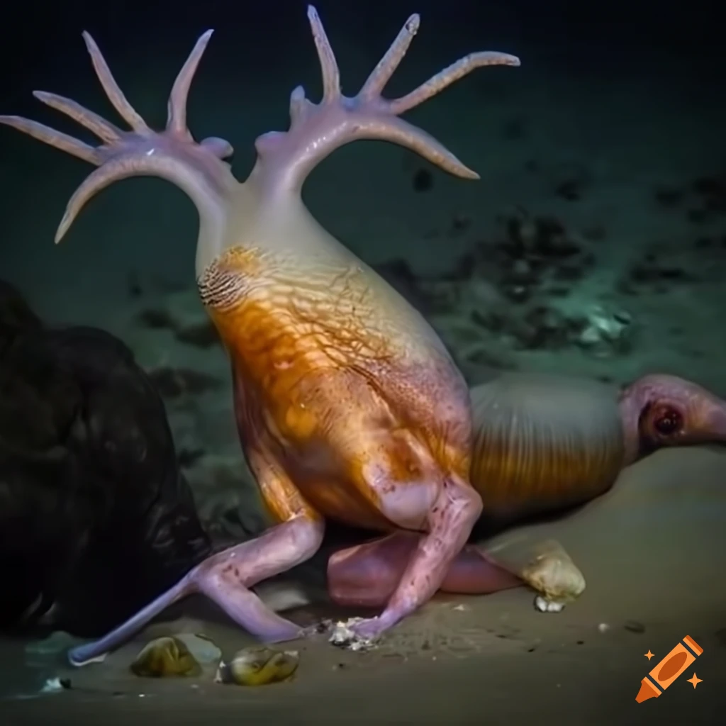 A whimsical amphibious hybrid creature with a mixture of features of both elephant-seals and ...