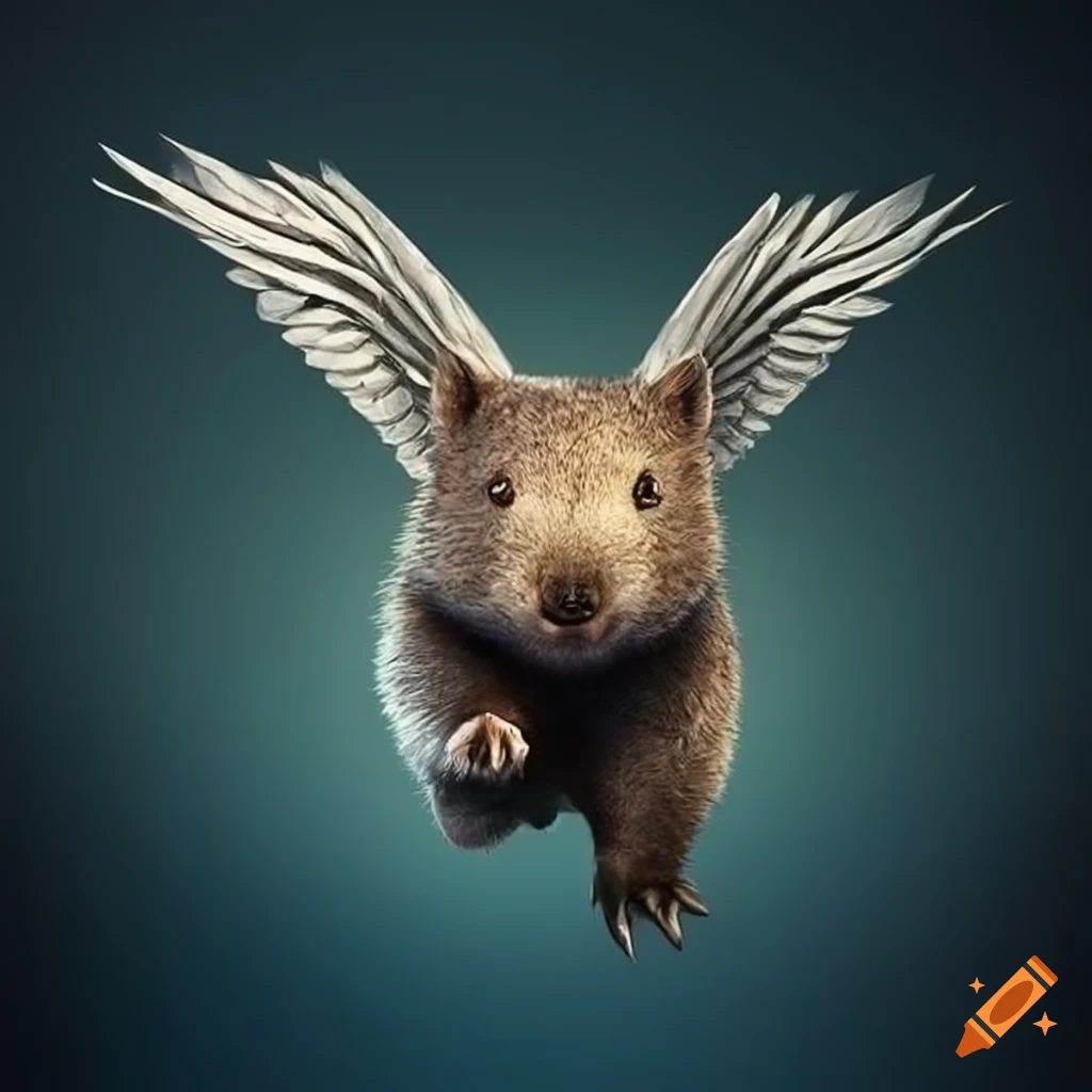 A whimsical illustration of a winged wombat in flight