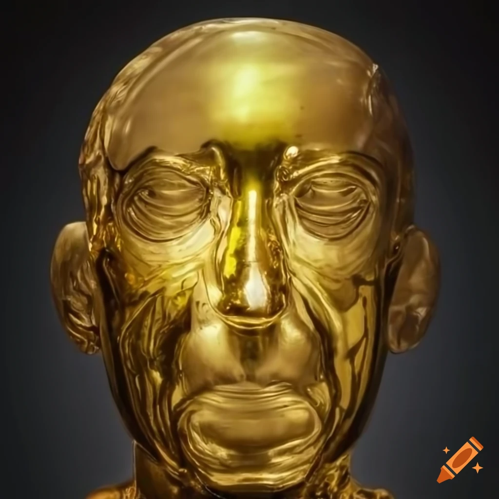 Sculpture of an attractive golden figure made of glass, reflecting deep ...