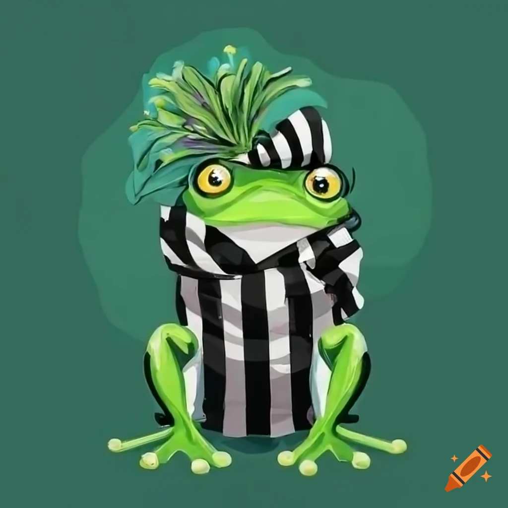 A whimsical frog in a playful Beetlejuice costume on Craiyon