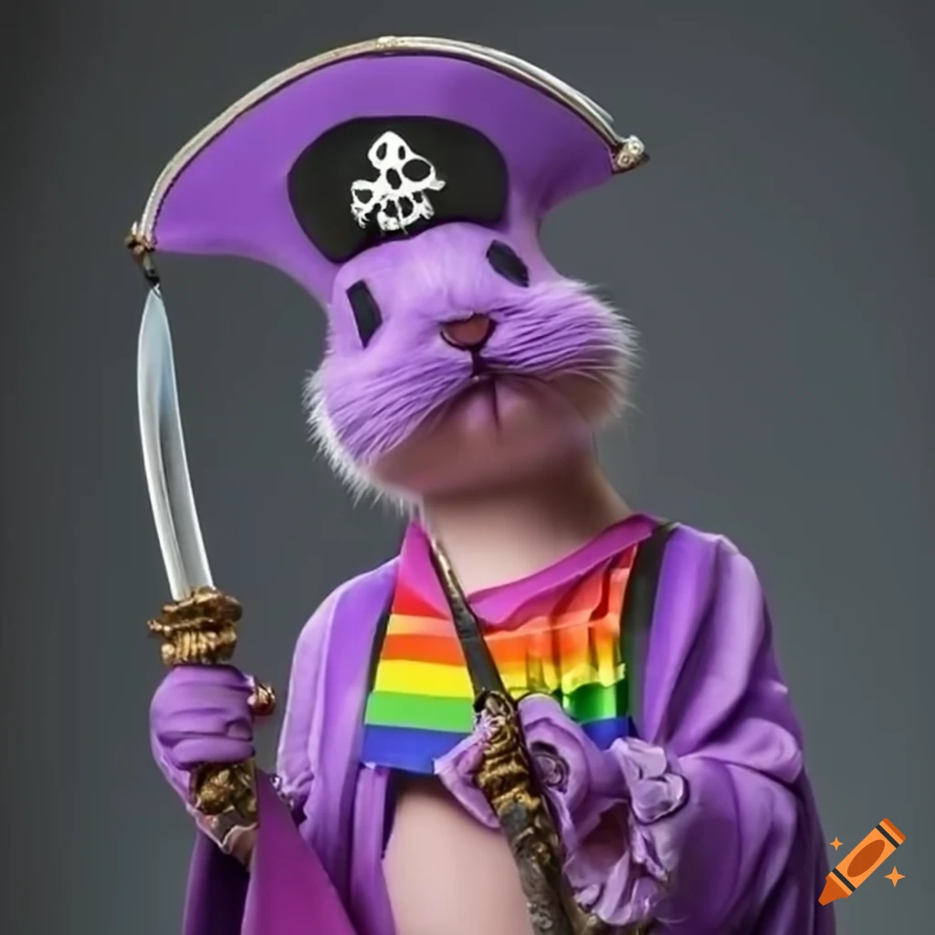 A purple bunny pirate holding a pride flag and a sword