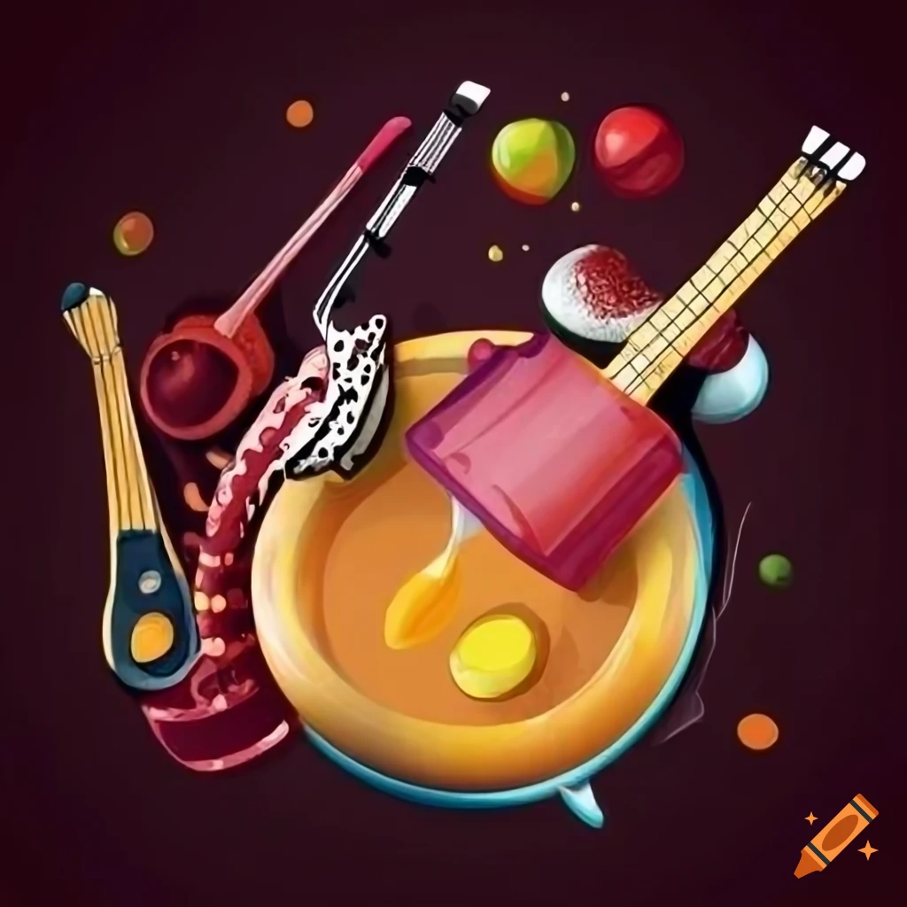 Food and music instruments merged together to make a background