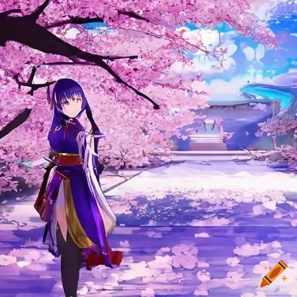 Raiden Shogun standing under a blooming cherry tree on Craiyon