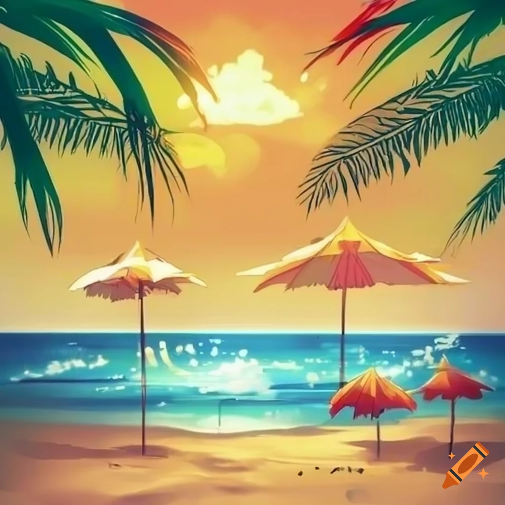 Sand beach palm trees and umbrellas anime style