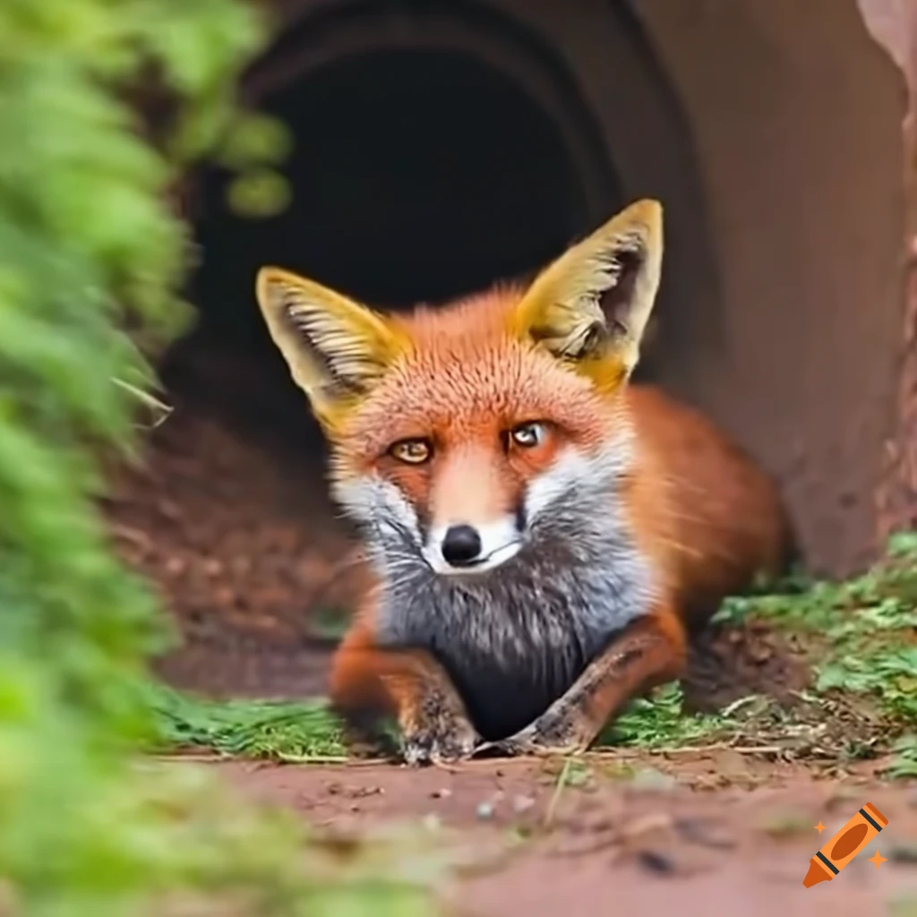 Fox crawling through a dirt tunnel