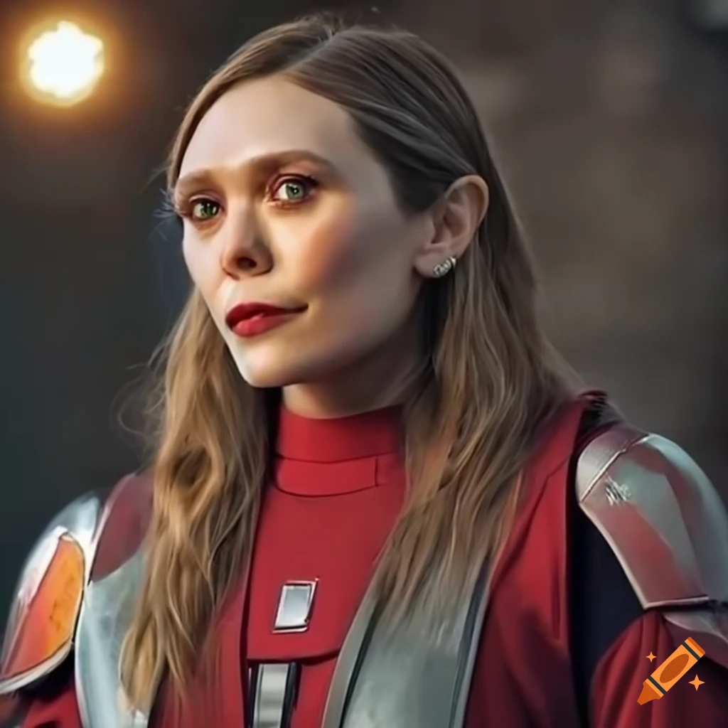 Elizabeth Olsen portraying a female Mandalorian in red armor on Craiyon