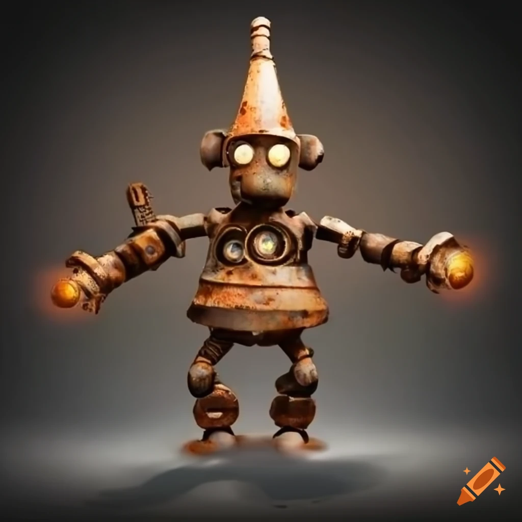 Rusty mechanical robot gnome, angularly shaped, with big hands and ...