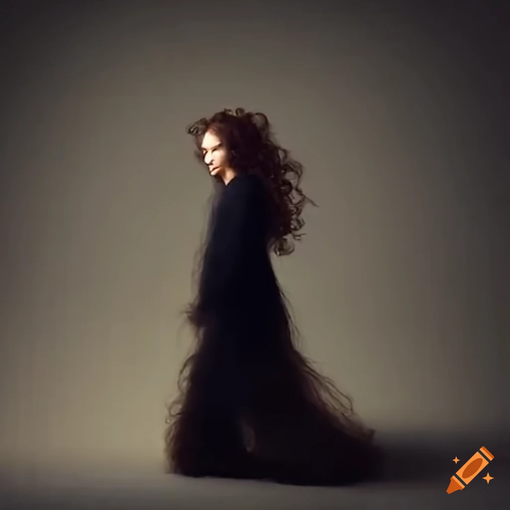 Woman with comically long curly hair that reaches the floor, full body shot