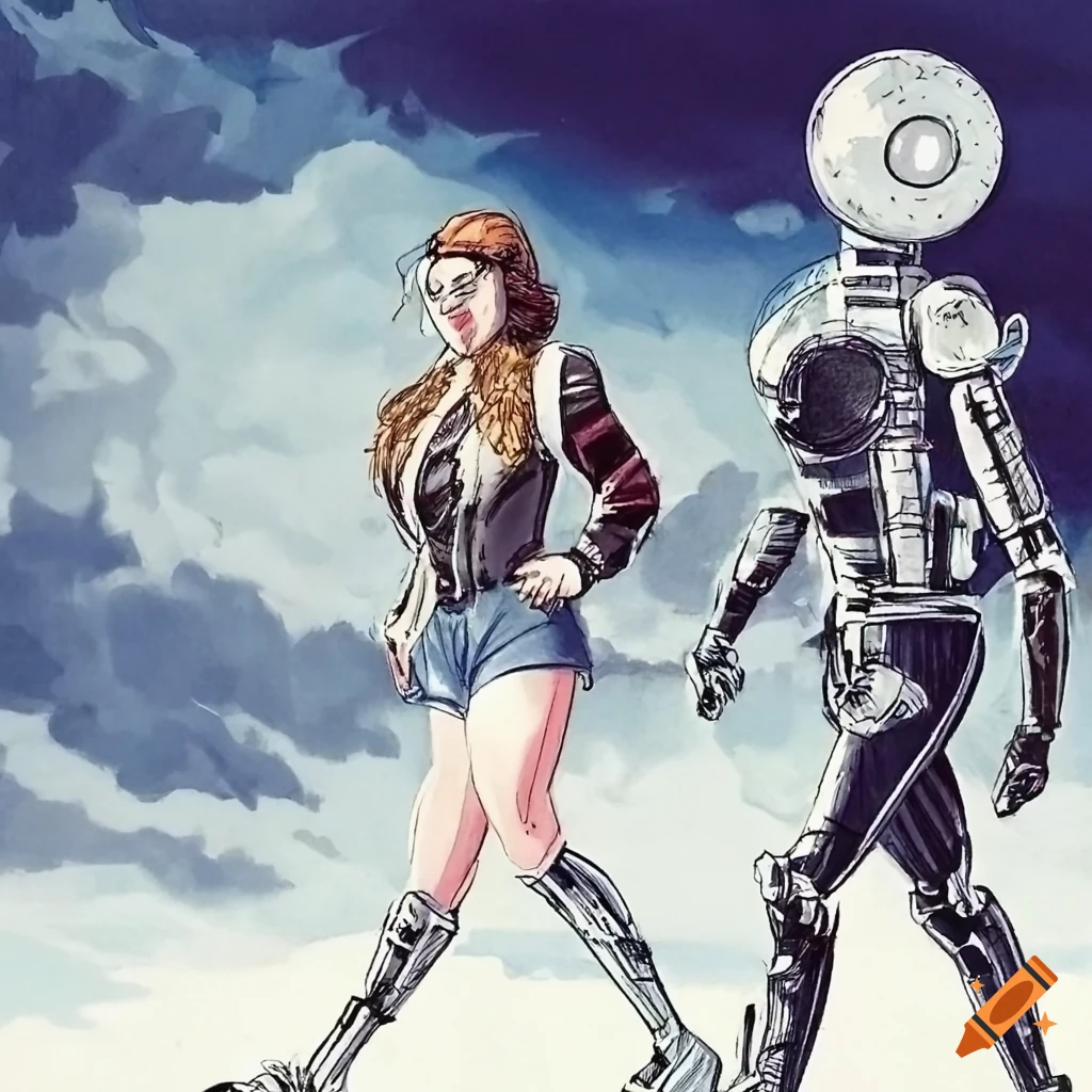 2 figures. Woman and metal man. Robot man Katsuhiro otomo pencil ...