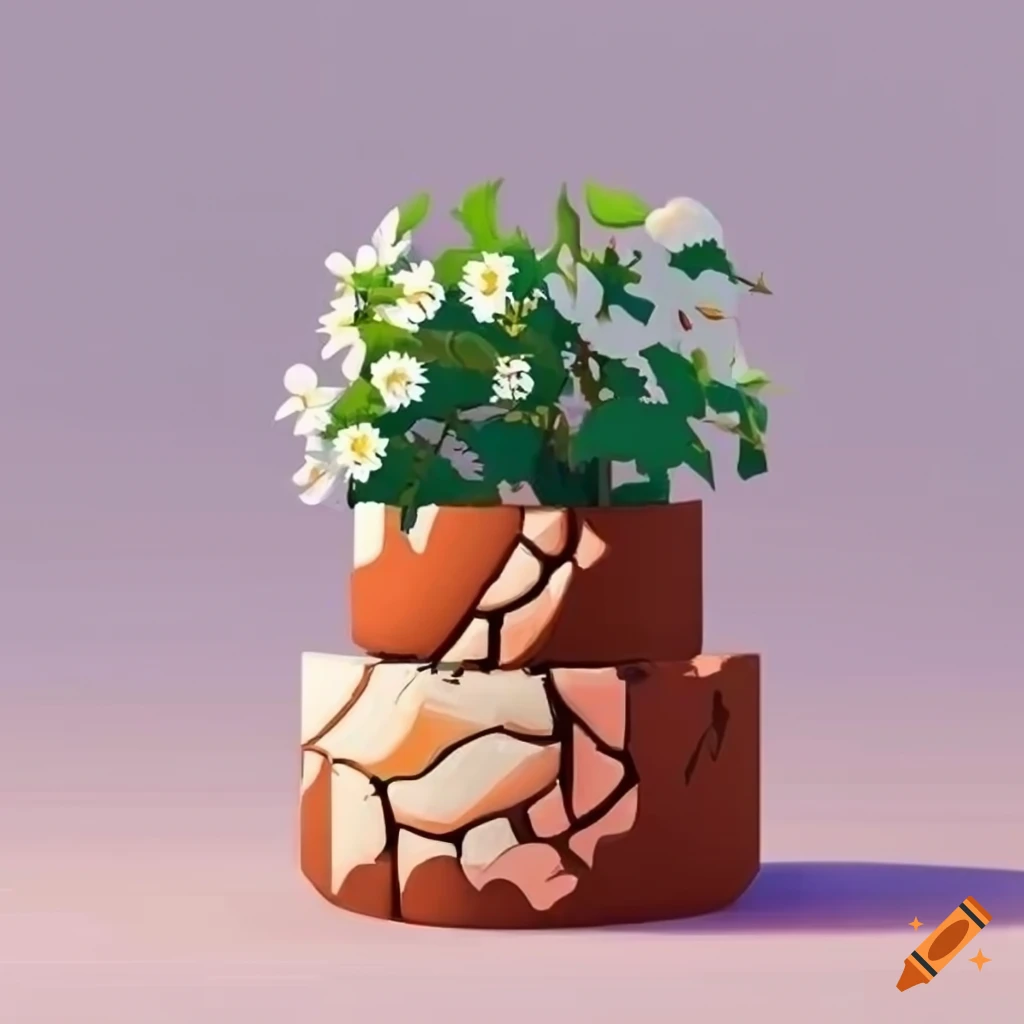 Cracked pots with white flowers isometric straight edges high quality ...