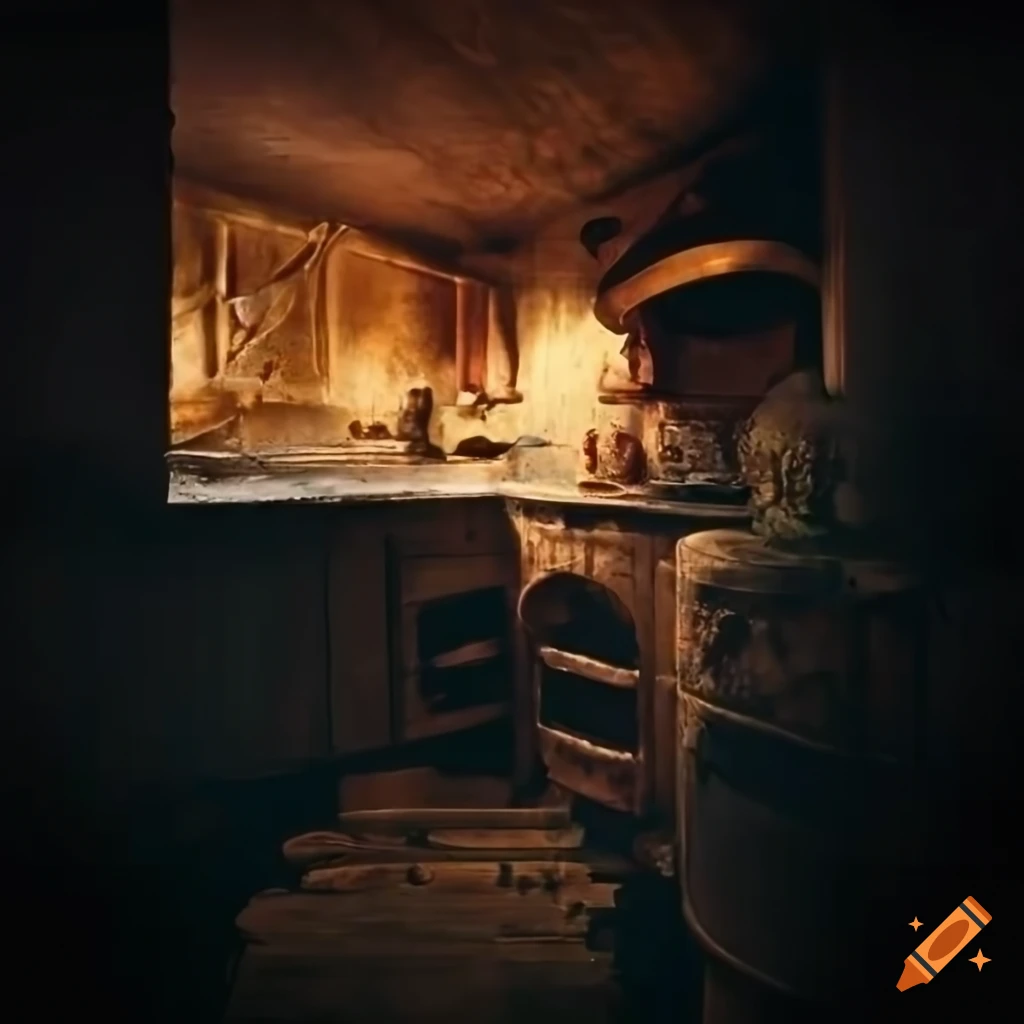 Dark picture of an old vintage kitchen with a fat toad sitting in the ...