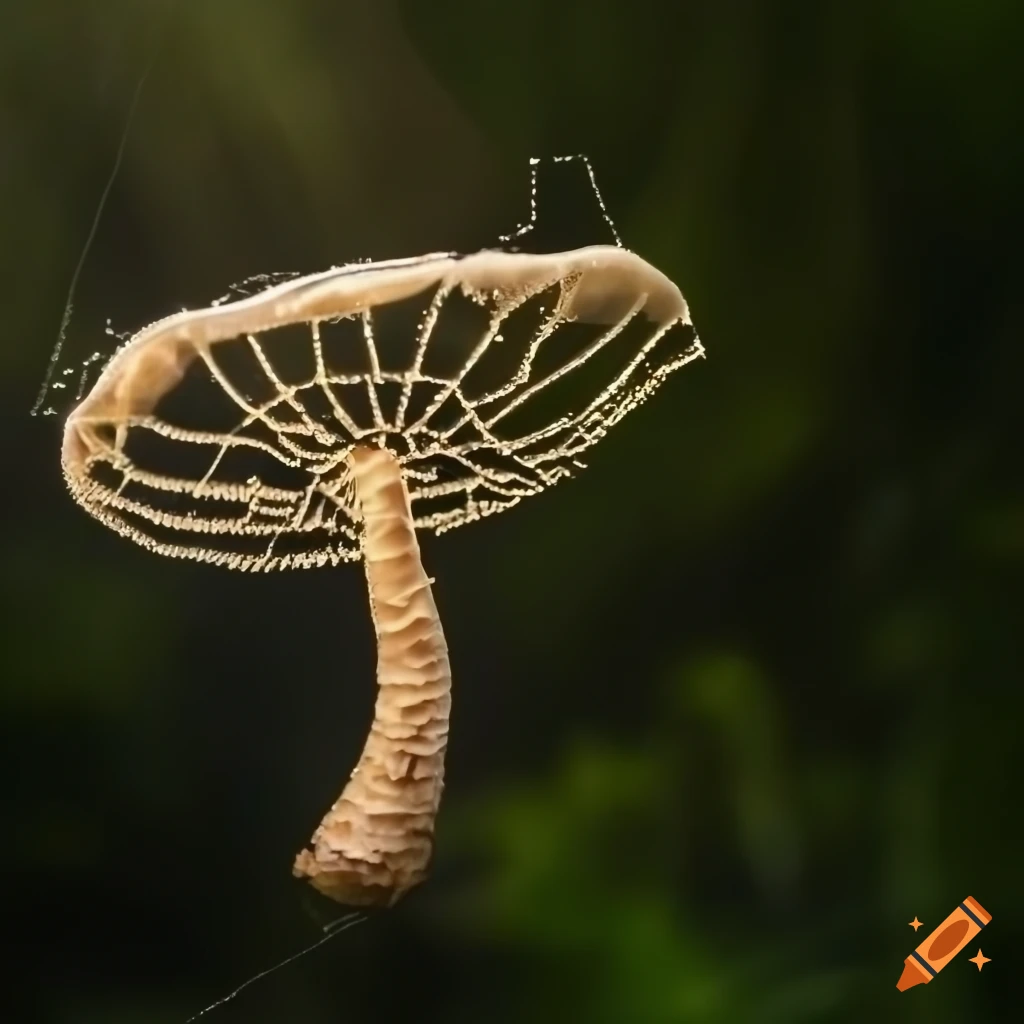 Mushroom made of spider web on branch on Craiyon