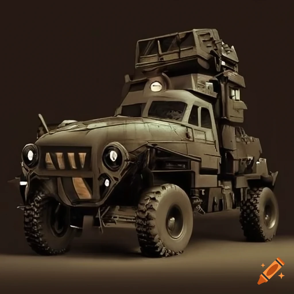 Retro futuristic art deco mad max spike military vehicle forest