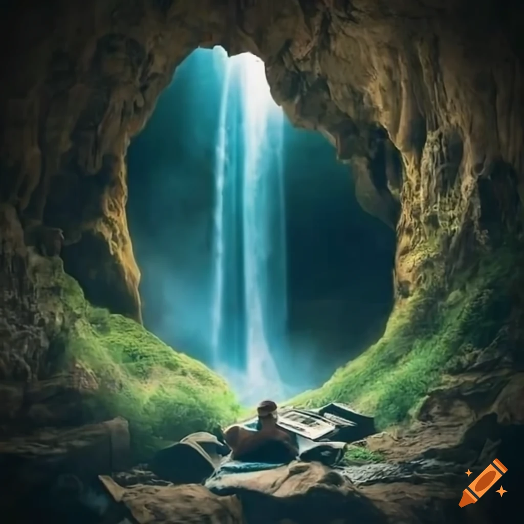 A man reading a book sitting in a cave surrounded by books looking out ...
