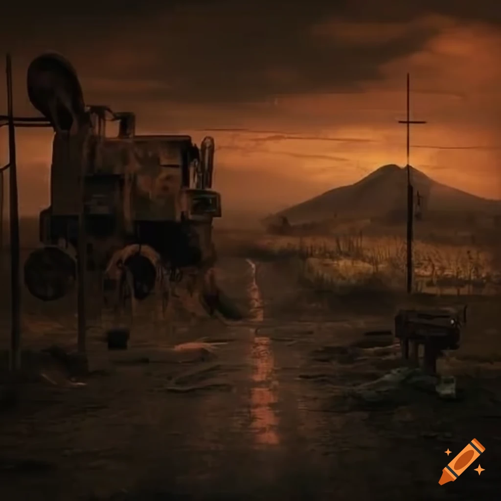 Desolate roads with rusty machinery, a post-apocalyptic scene