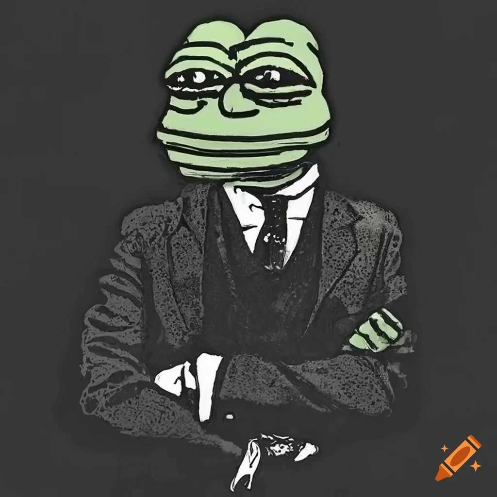 A vintage-style black and white portrait of pepe the meme frog like he ...