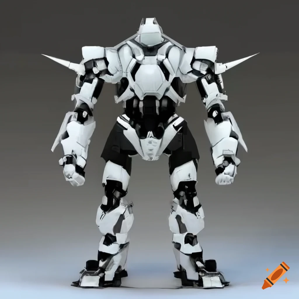 Realistic rotund gigantic white and black mecha front view
