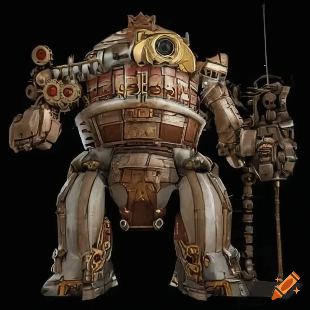 Realistic steampunk gigantic mecha front view