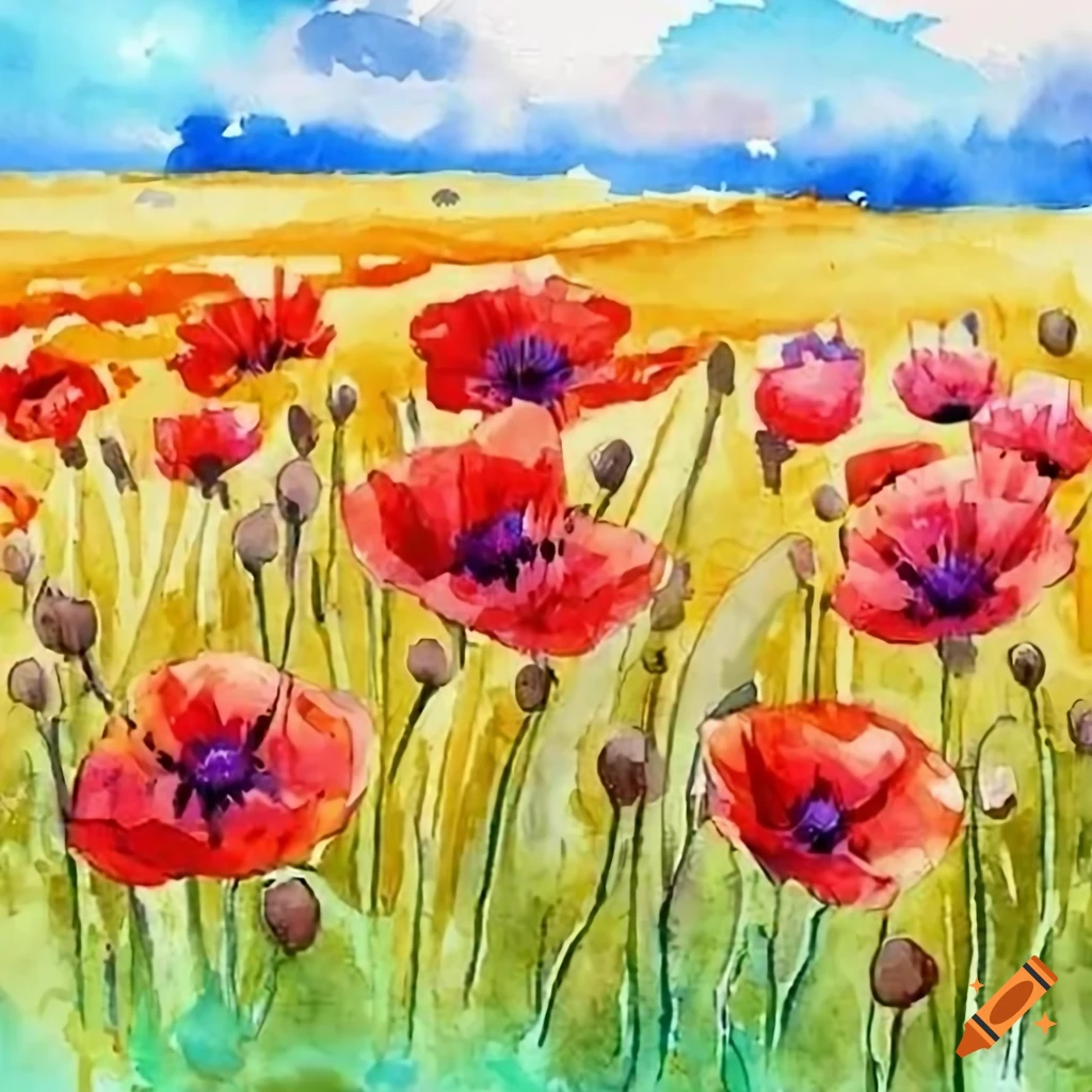 Vivid watercolor, cornflowers, poppies, bright summer landscape ...