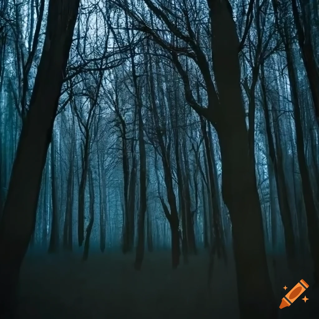 An aerial dark view of an extremely dark forest only dimly by a weak ...