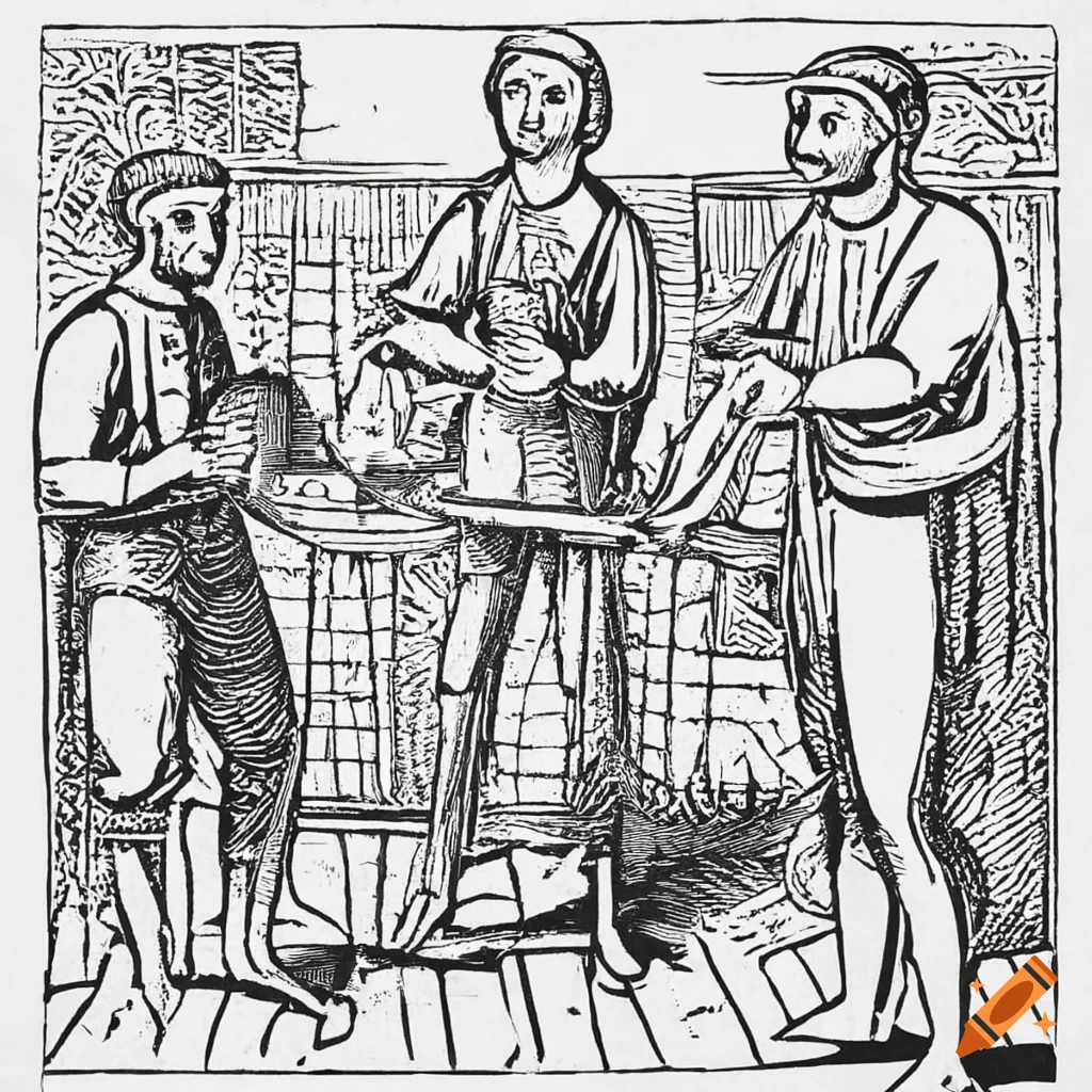 Two young male medieval servants with bowls cuts in tight pants in a ...