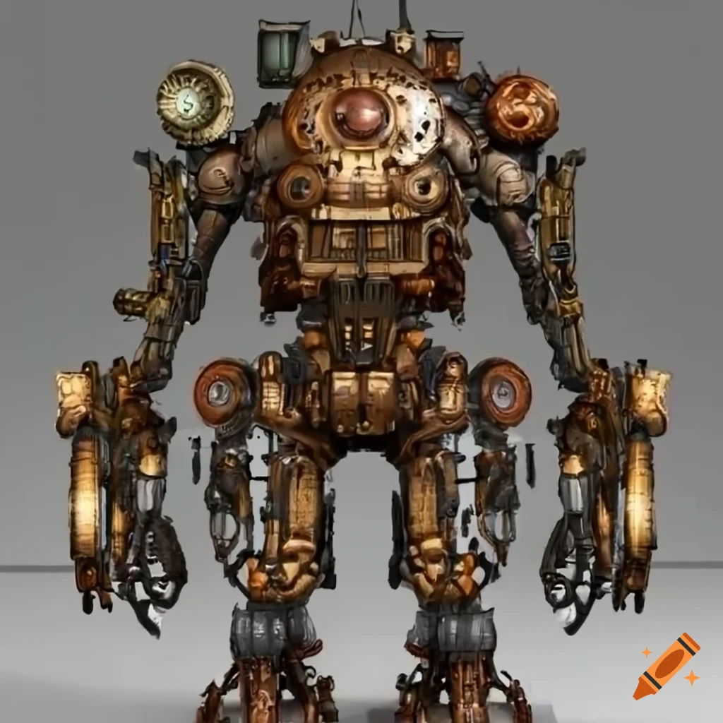 Realistic steampunk gigantic mecha front view