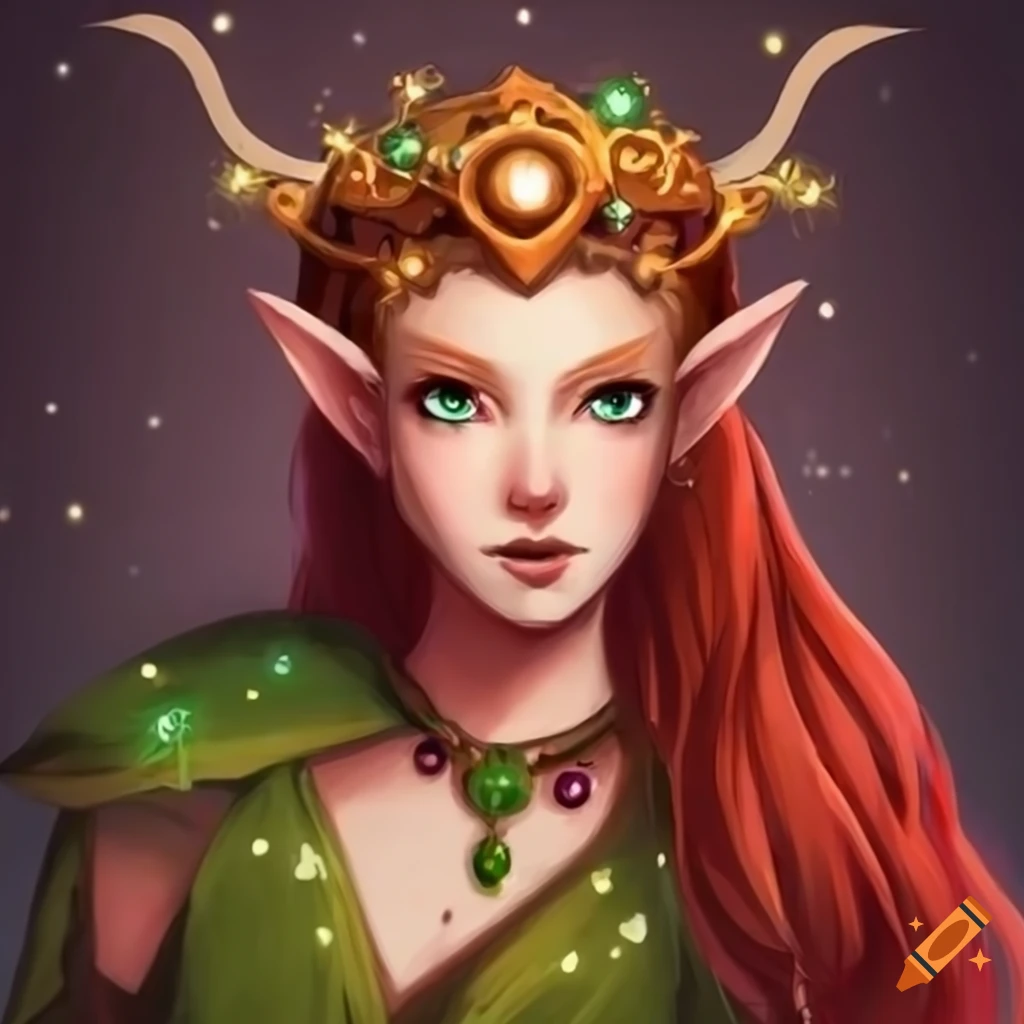Anime-style red-haired wood elf Druid wearing a sparkling ornate crown ...