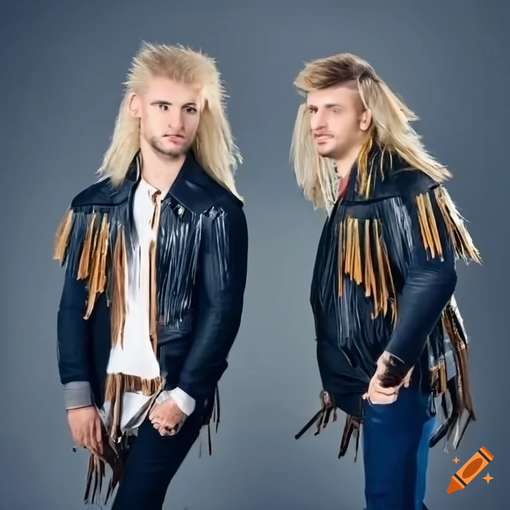 Two stylish men posing in fringed leather jackets sporting blonde ...