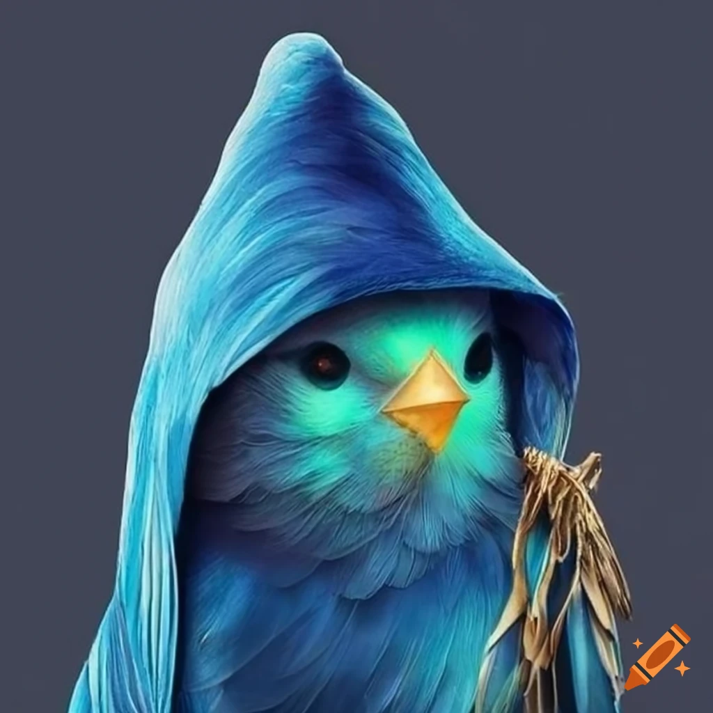 An enchanting canary with a magical blue wizard hat and robe on Craiyon