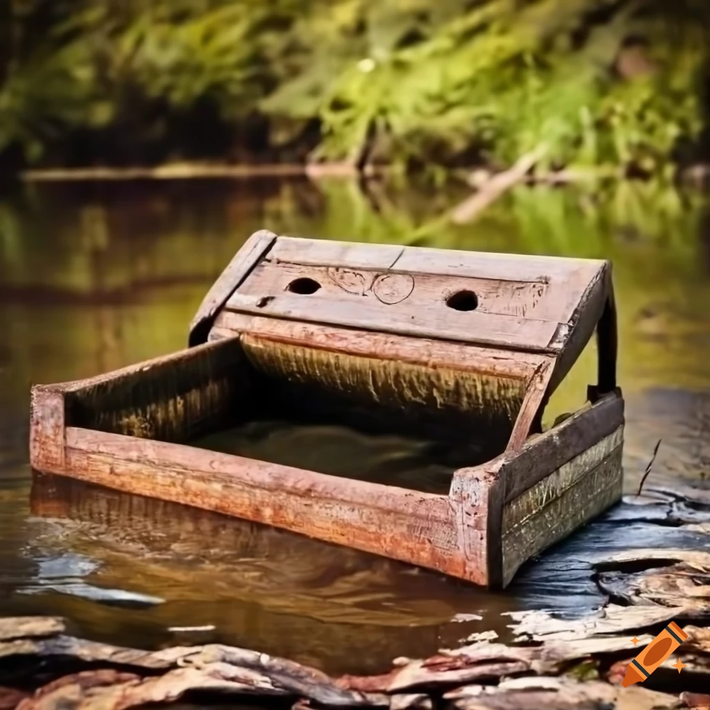 Antique western sluice box in river with metal trimming