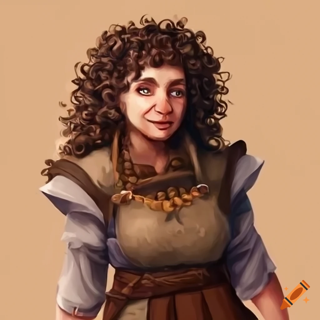 Potrait of a friendly innkeeper welcoming adventurers with dark curly ...
