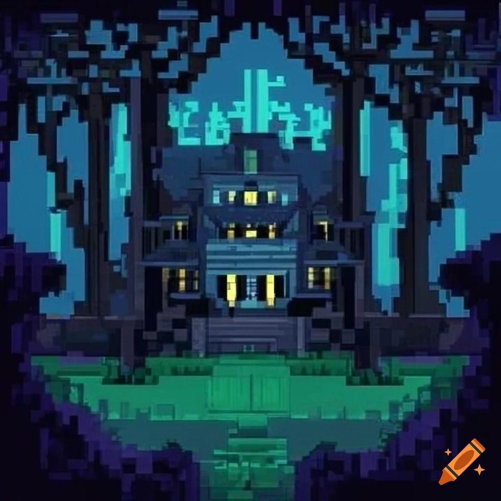 Retro game cover art, very wide haunted mansion in the middle of a forest. pixel art. 2d ...